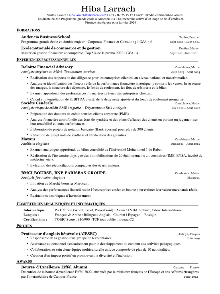 CV Hiba Larrach+Janvier+24 | PDF | Bourse (économie) | Maroc