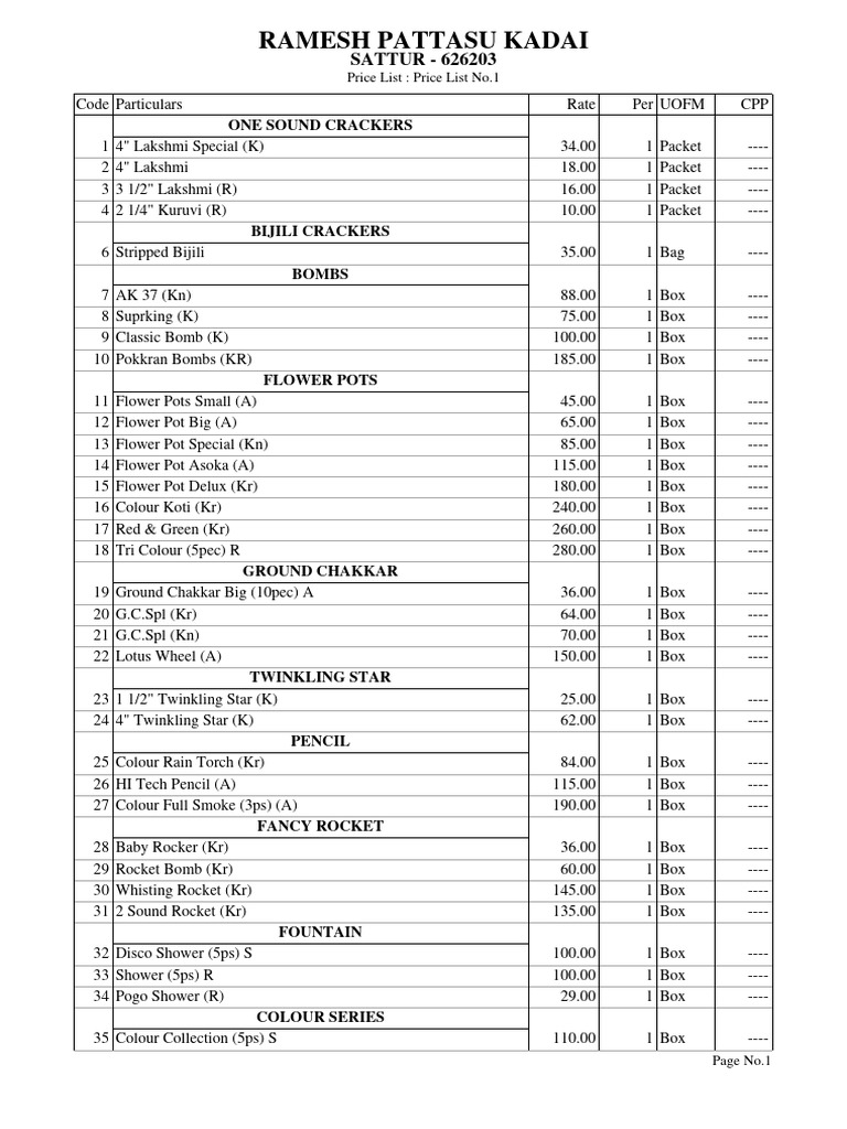 Ramesh Pyrotech Price List | PDF | Gunpowder | Pyrotechnics