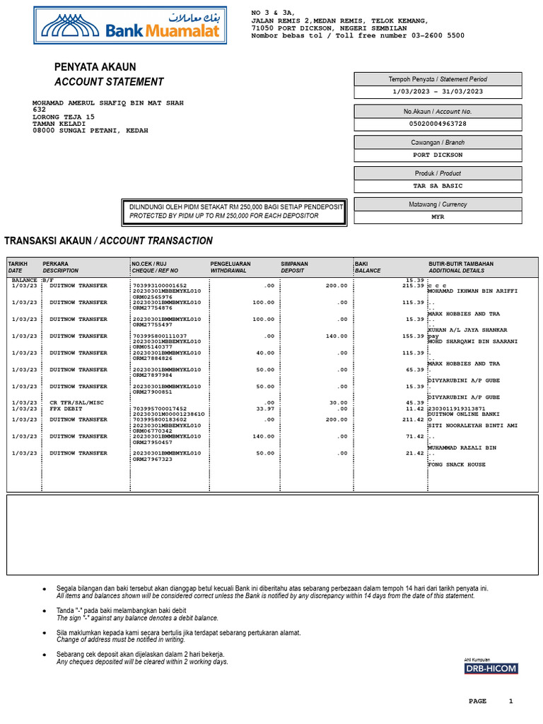 Account Statement: Penyata Akaun | PDF | Deposit Account | Cheque