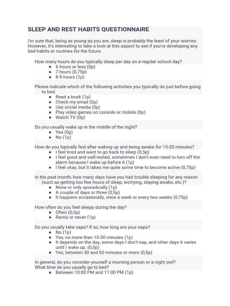 Sleep and Rest Habits Questionnaire | PDF