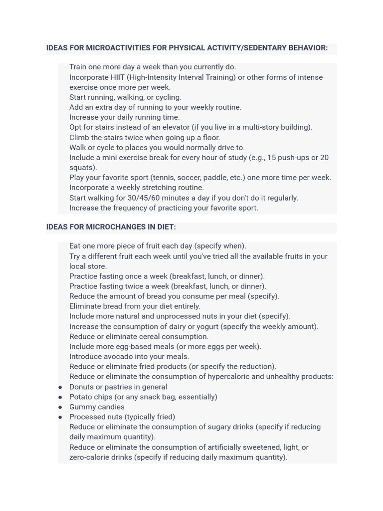 IDEAS FOR MICROACTIVITIES FOR PHYSICAL ACTIVITY_SEDENTARY BEHAVIOR_ | PDF | Drink | Meal