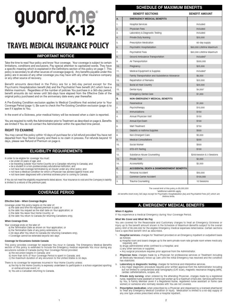 Guard - Me Short Term - K-12 Policy Wording | PDF | Psychiatry | Insurance