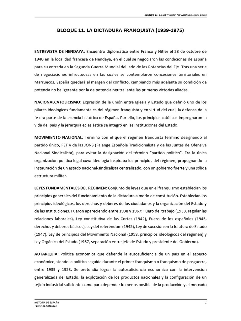 Historia de España-Terminos Bloque 11 | Descargar gratis PDF | España franquista | España