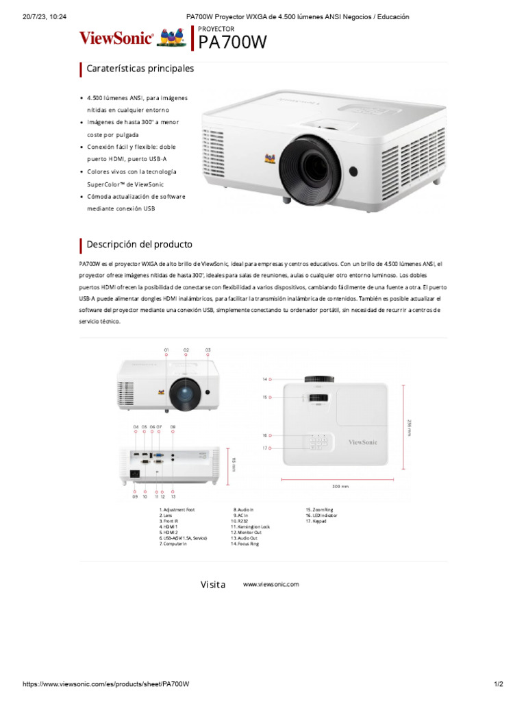 PA700W Proyector WXGA de 4.500 Lúmenes ANSI Negocios - Educación | PDF