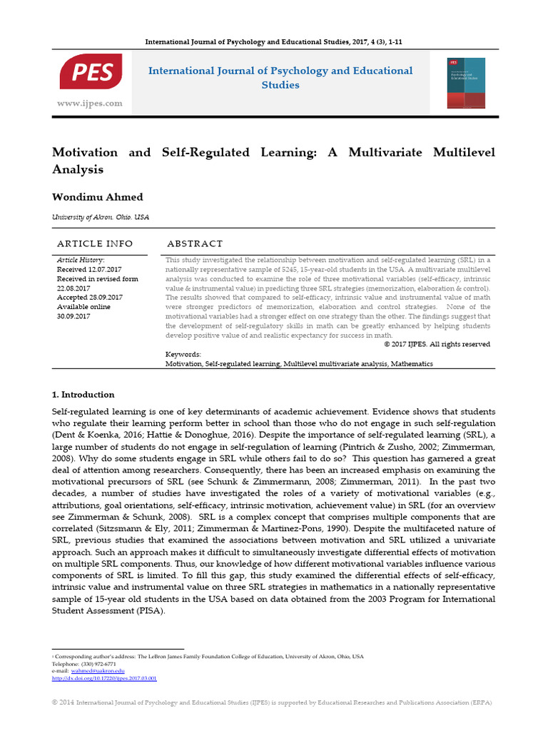 Motivation's Impact on Self-Regulated Learning | PDF | Self Efficacy | Programme For ...
