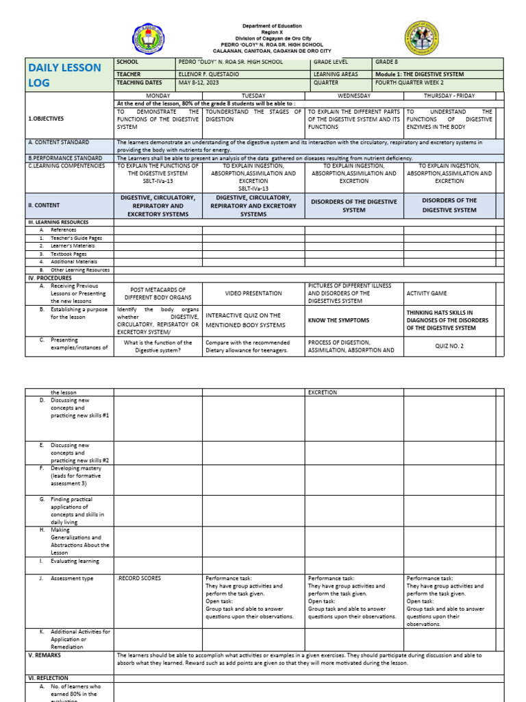 Grade 8 Digestive System Lesson Plan | PDF