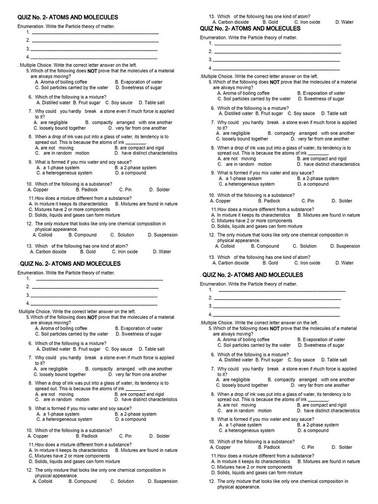 SCI8 3Q. QUIZ 2 ATOMS AND MOLECULES | PDF