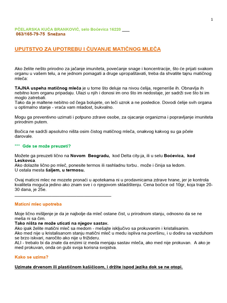 Maticni Mlec Uputstvo Za Upotrebu I Cuvanje - Snezana 0631657975 | PDF
