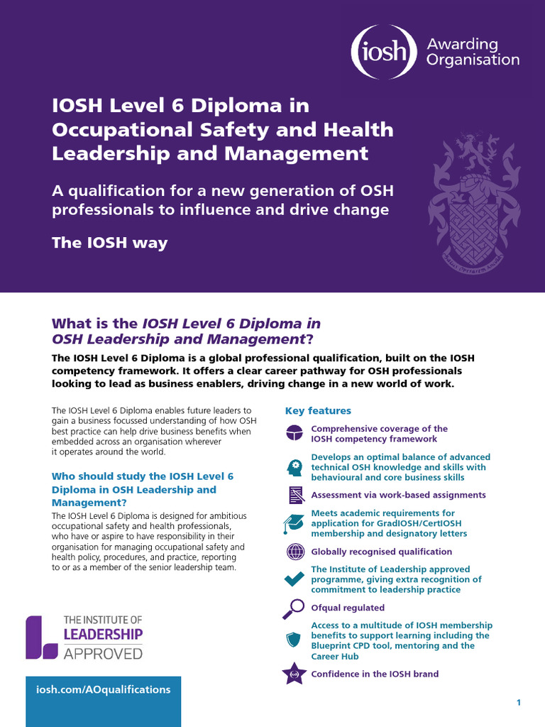 Level 6 Diploma Occupational Safety Health Leadership Management Factsheet | PDF | Occupational ...