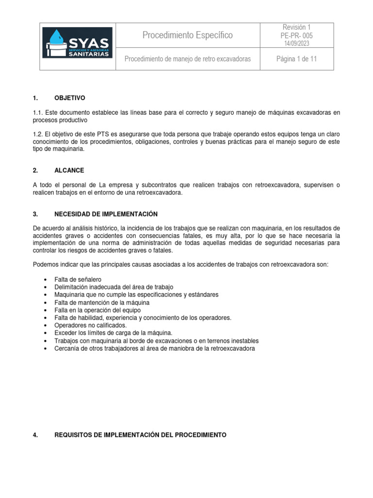 PE-PR - 005 Procedimiento de Trabajo Seguro de Retroexcavadora | PDF | Camión | Agua