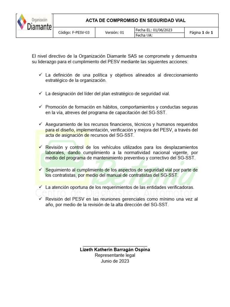 F-PESV-03 Acta de Compromiso Gerencial PESV | PDF