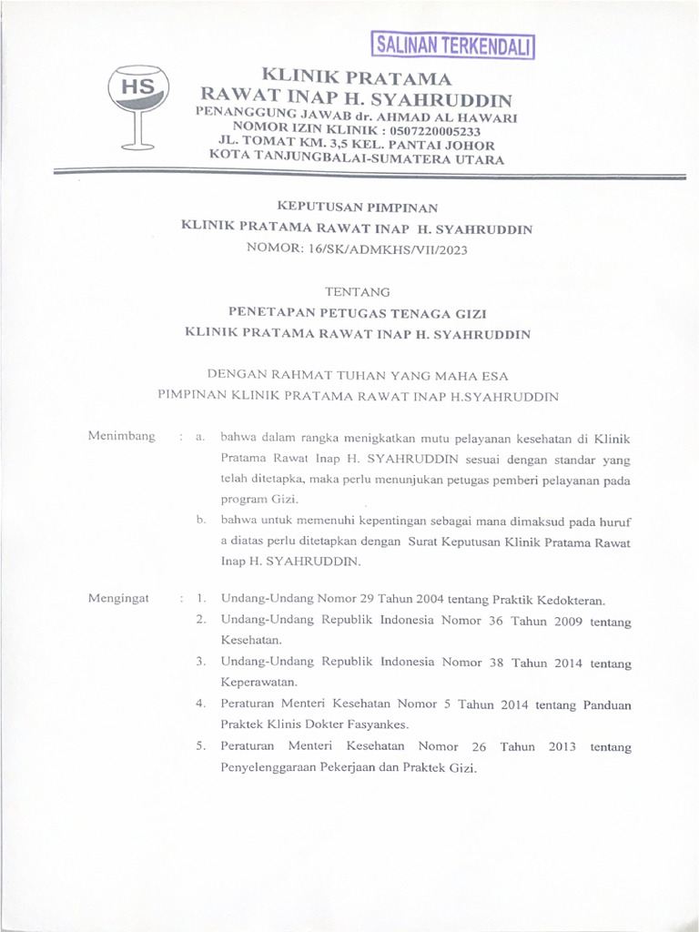 SK Petugas Tenaga Gizi Hal 1 | PDF