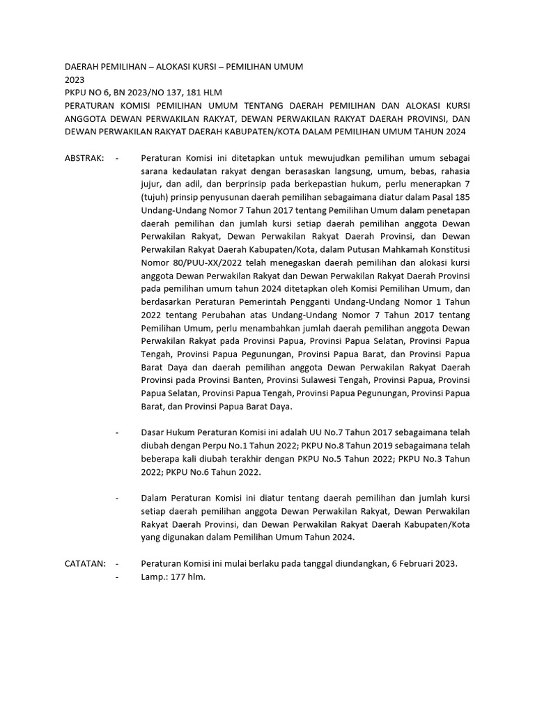 Peraturan Komisi Pemilihan Umum Nomor 6 Tahun 2023 Tentang Daerah
