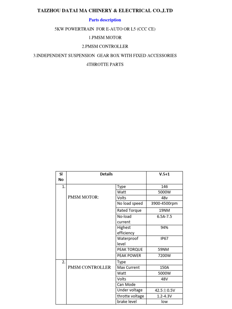 48v5KW PMSM POWERTRAIN FOR E-AUTO OR L5 | PDF | Electric Motor | Fuel Economy In Automobiles