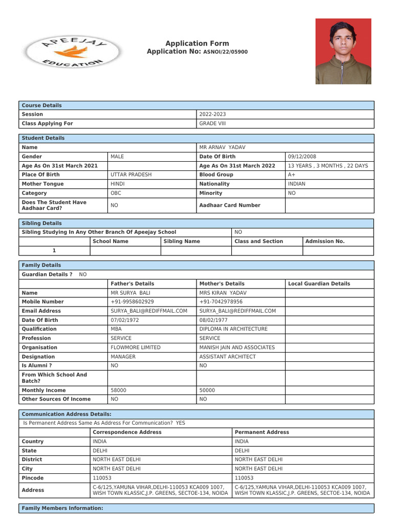 Grade VIII Admission Application Form | PDF