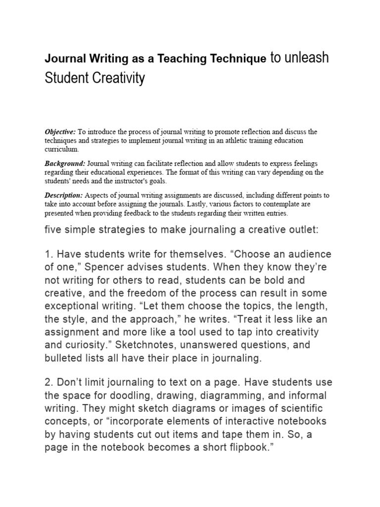 Journal Writing As A Teaching Technique To Unleash Student Creativity | PDF