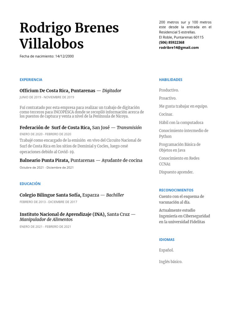 Currículum Rodrigo Brenes | Descargar gratis PDF | Costa Rica