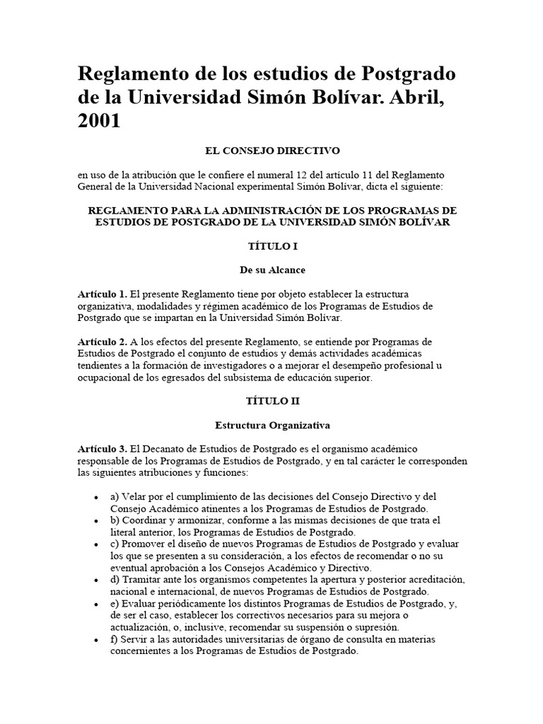 Reglamento de Los Estudios de Postgrado de La Universidad Simón Bolívar | PDF