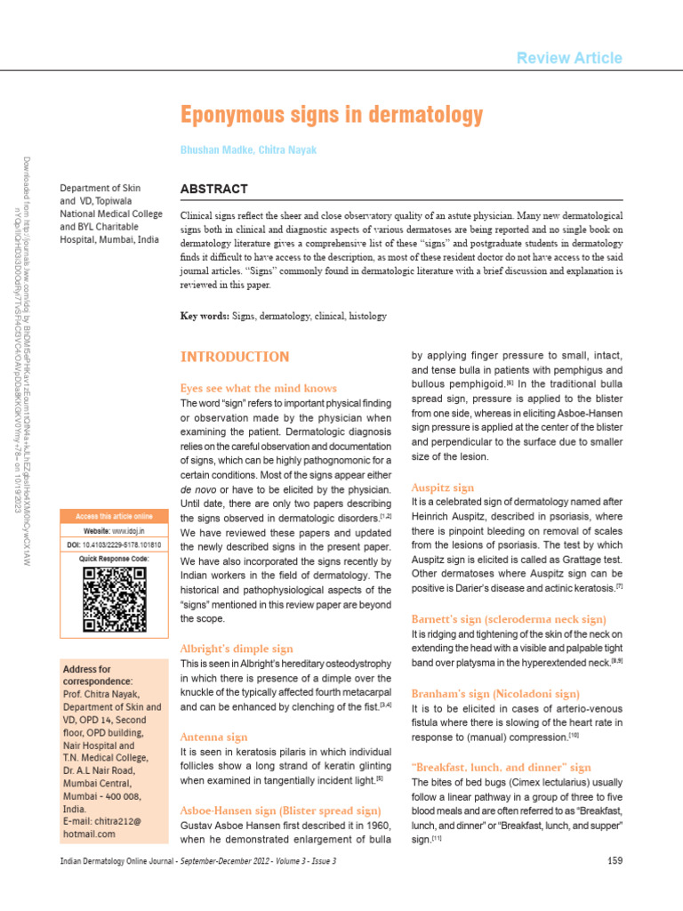 Eponymous Signs in Dermatology.1 | PDF | Medical Specialties | Epidemiology