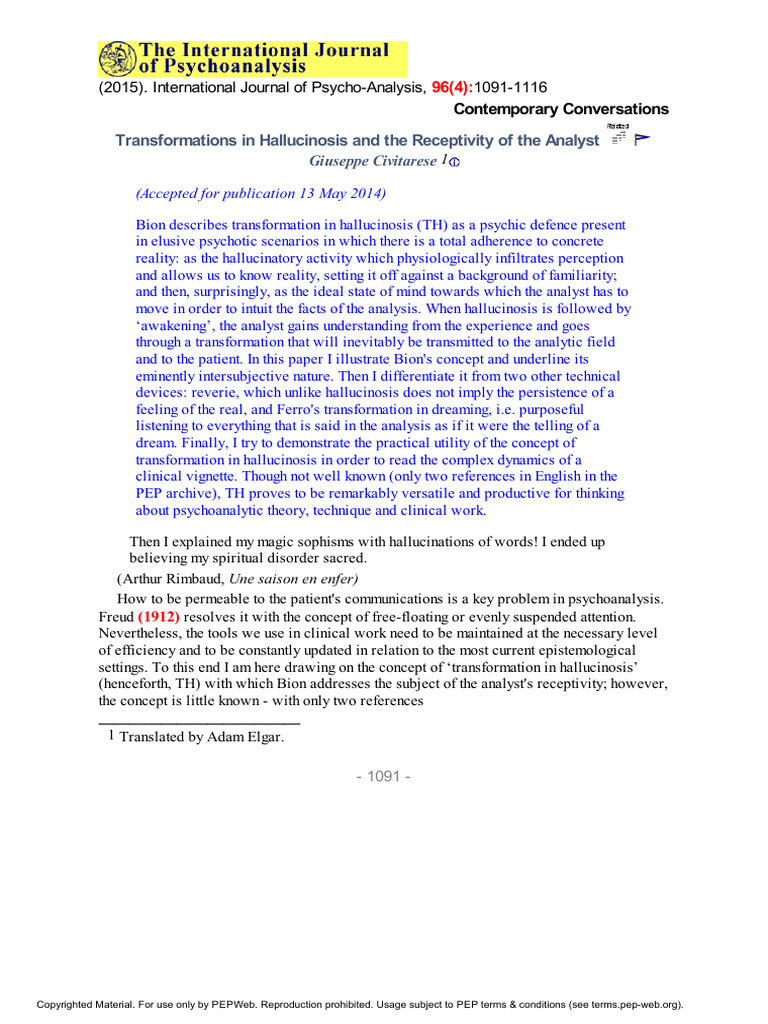Civitarese, Transformations in Hallucinosis | PDF | Psychoanalysis | Experience