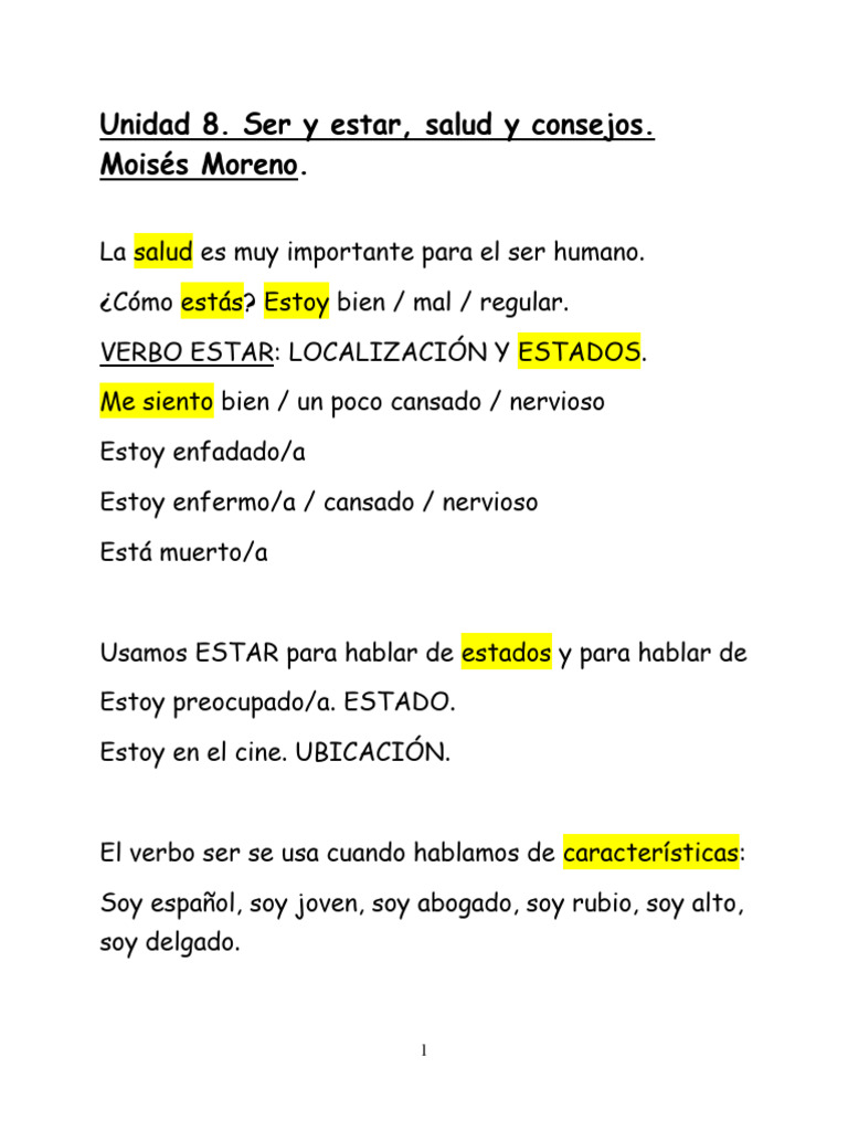 Unidad 8.1. Ser y Estar, Salud y Consejos | PDF