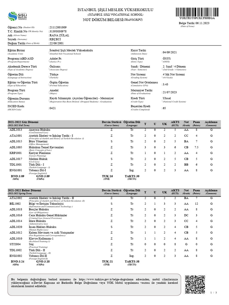 yuksekogretim-kurulu-transkript-belgesi-sorgulama | PDF
