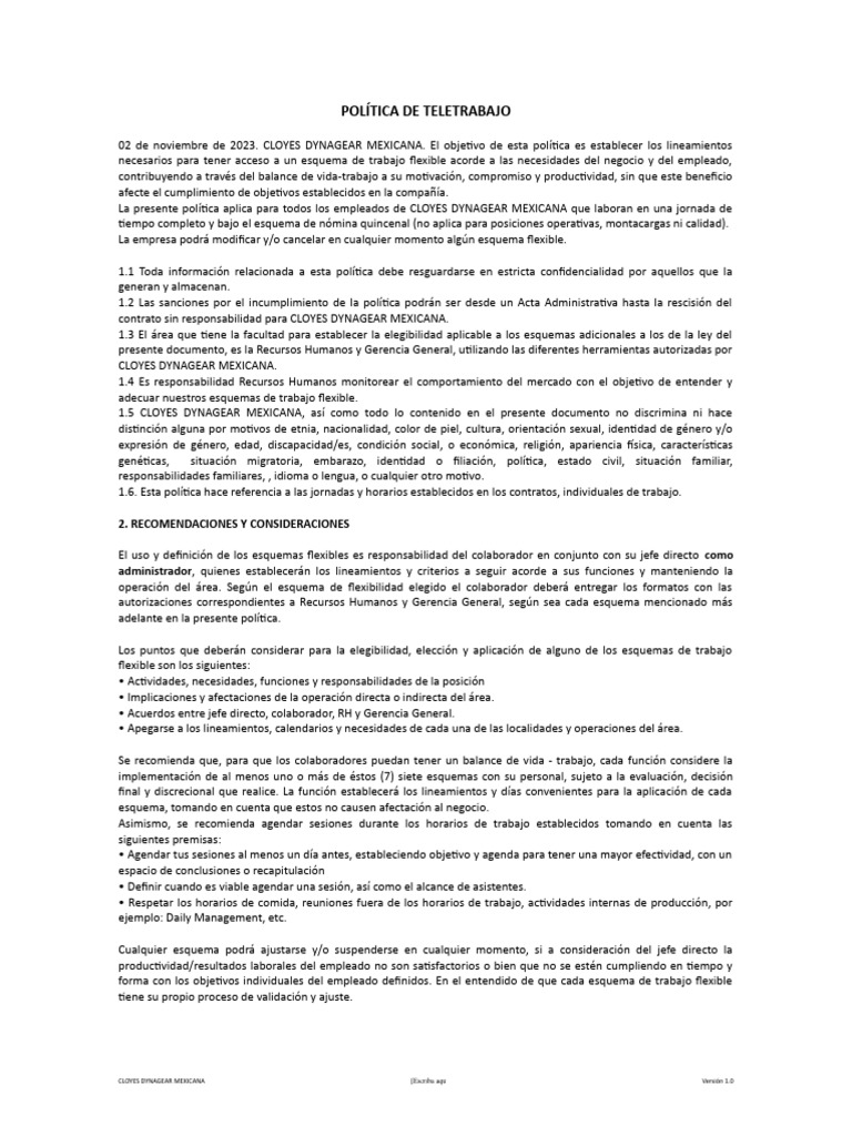 Política de Teletrabajo en Cloyes Dynagear | PDF | Gestión de recursos ...