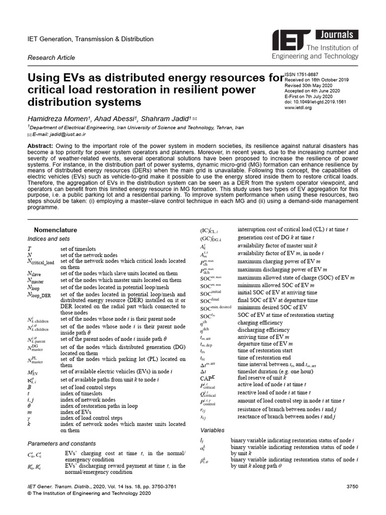 Using EVs As Distributed Energy Resources For Critical Load Restoration in Resilient Power ...
