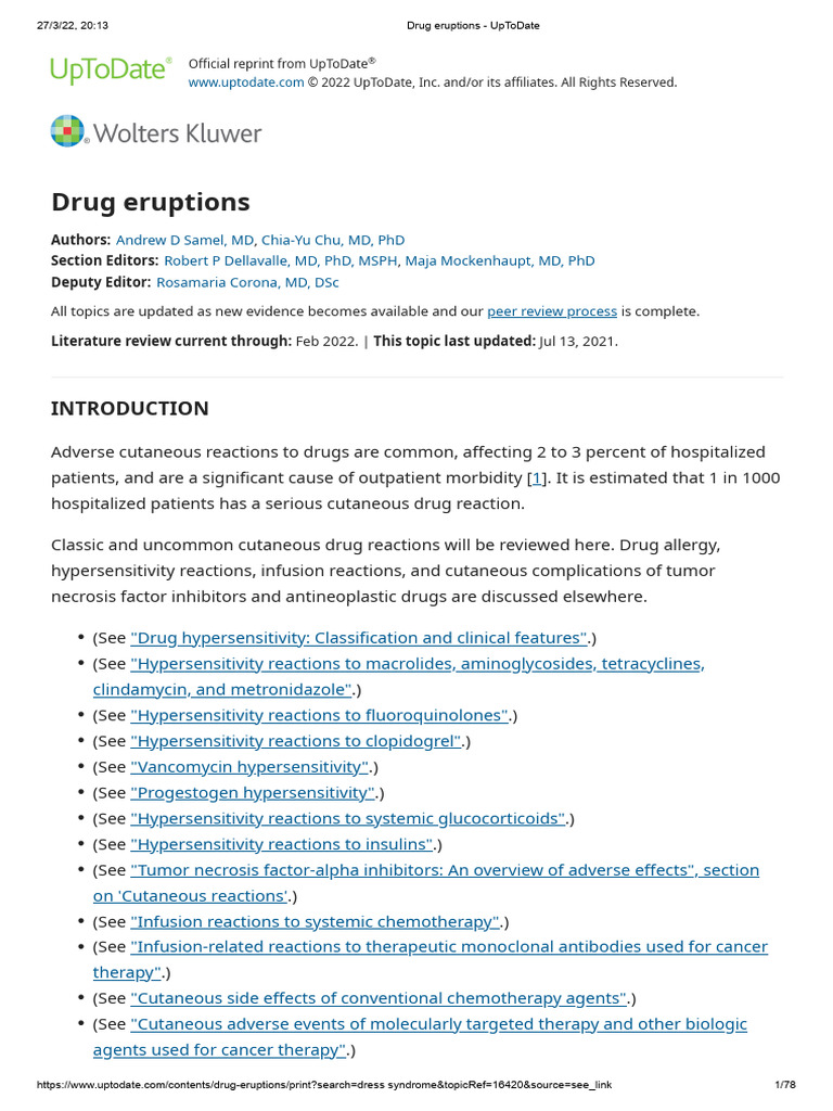 Drug Eruptions - UpToDate | PDF | Dermatology | Epidemiology