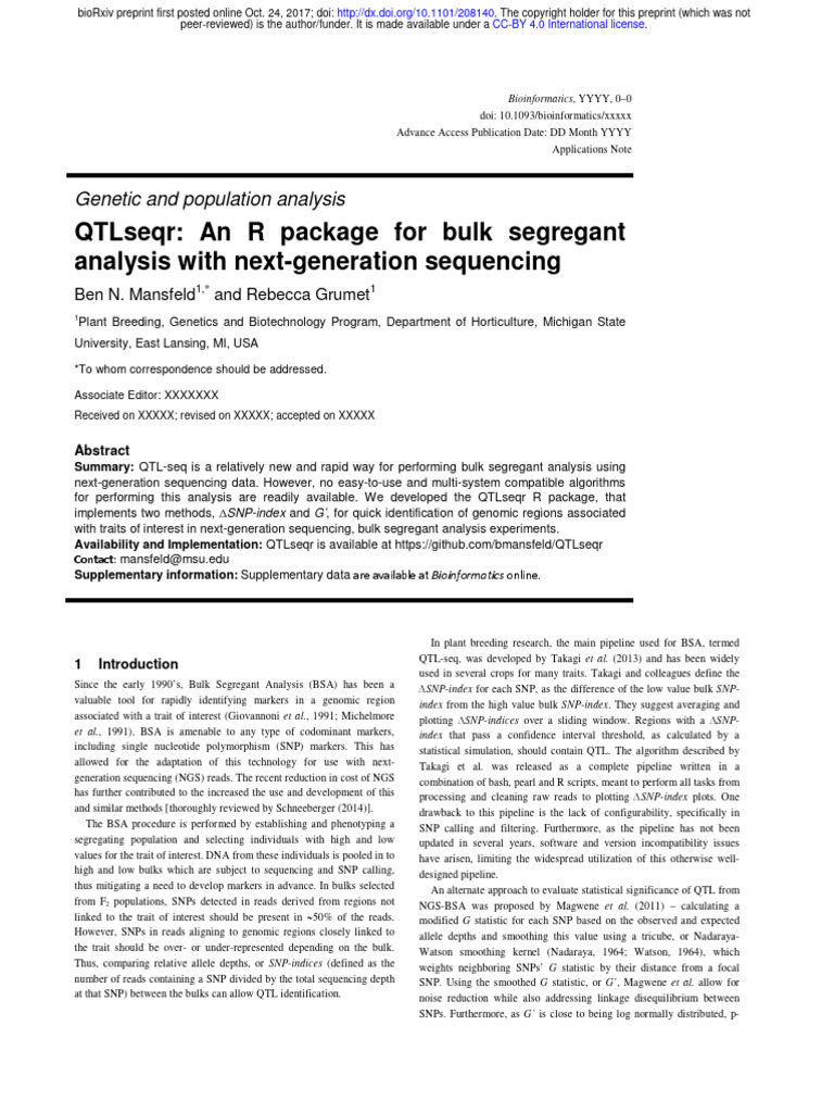 QTLseqr - An R Package For Bulk Segregant Analysis With NGS Data | PDF ...