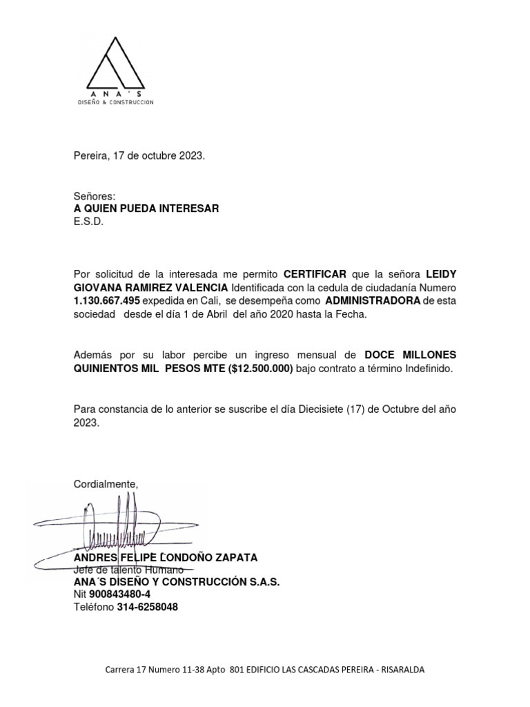 Referencia Laboral ANA S Leidy Giovana Ramirez | PDF