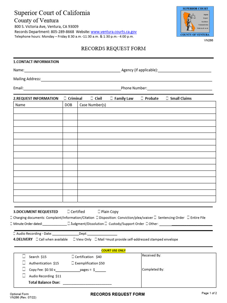Ventura Court Records Request Form | PDF | Mail | Complaint
