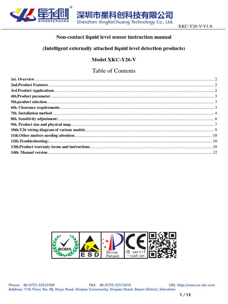 Non-Contact Liquid Level Sensor Instruction Manual (Intelligent ...
