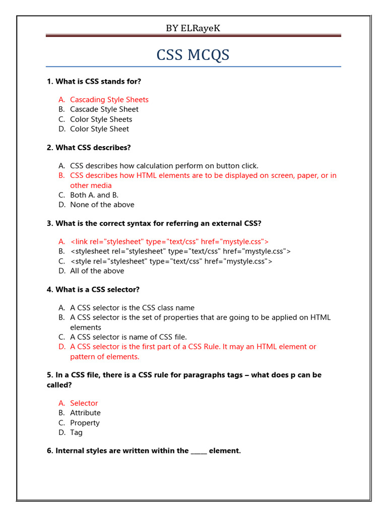 Css MCQS: by Elrayek | PDF | Html Element | Printing