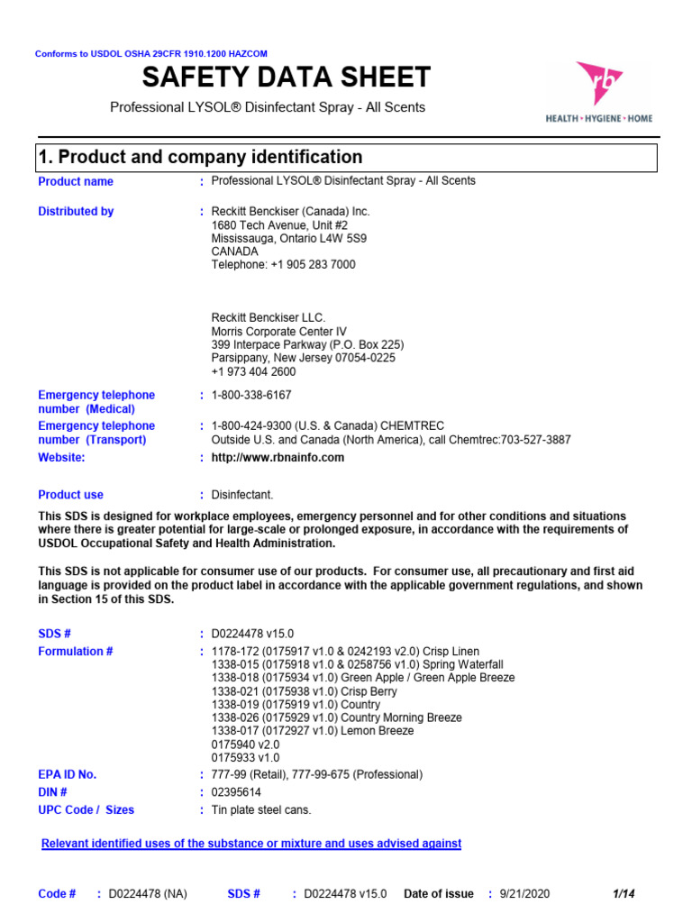 Professional Lysol Disinfectant Spray - All Scents (Print It Out) | PDF ...