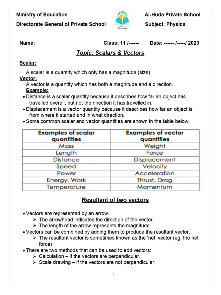 Scalars And Vectors Notes Pdf Euclidean Vector Physics