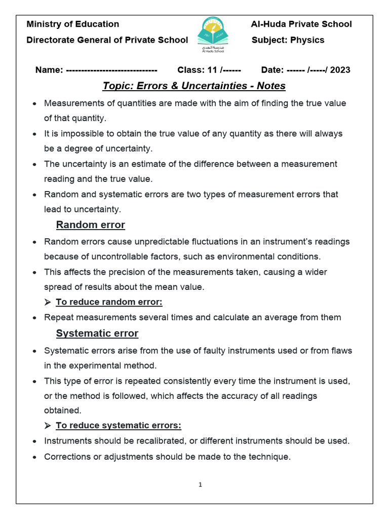 Physics: Errors & Uncertainties Notes | PDF | Observational Error ...