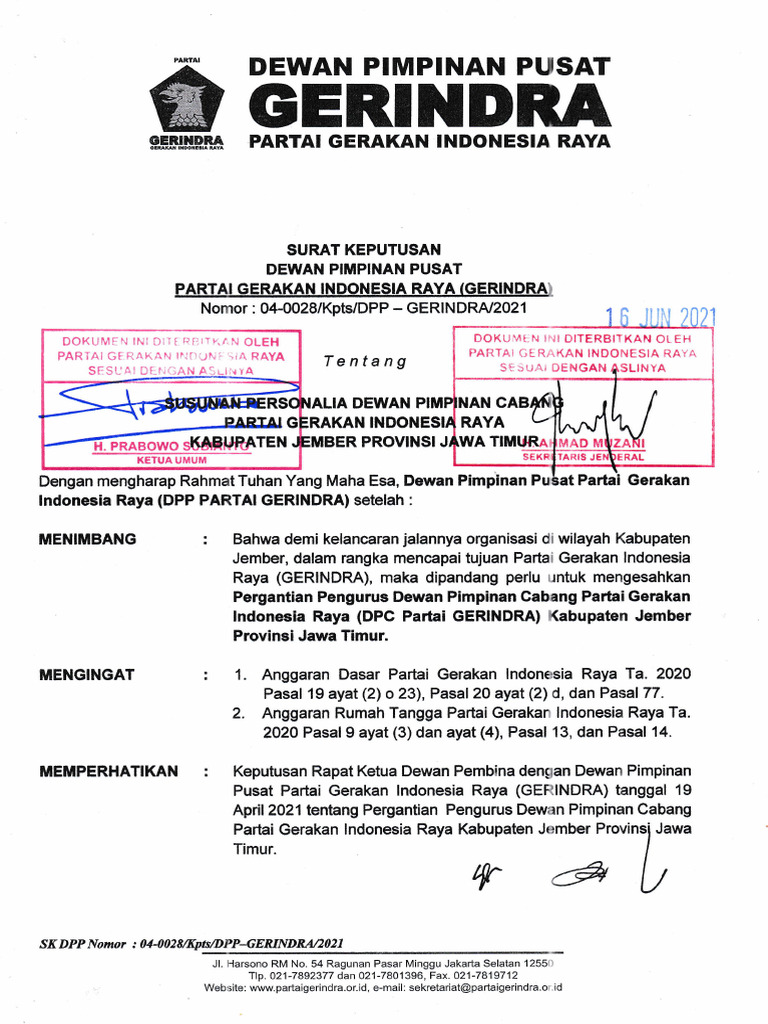 SK Gerindra 2021 Legalisir | PDF