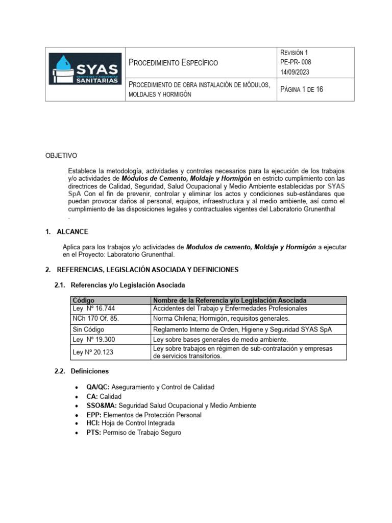 PE-PR-008 Procedimiento Obras Civiles en Modulos, Moldaje y Hormigon ...