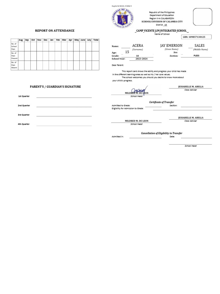 Report Card 2023 2024 | PDF