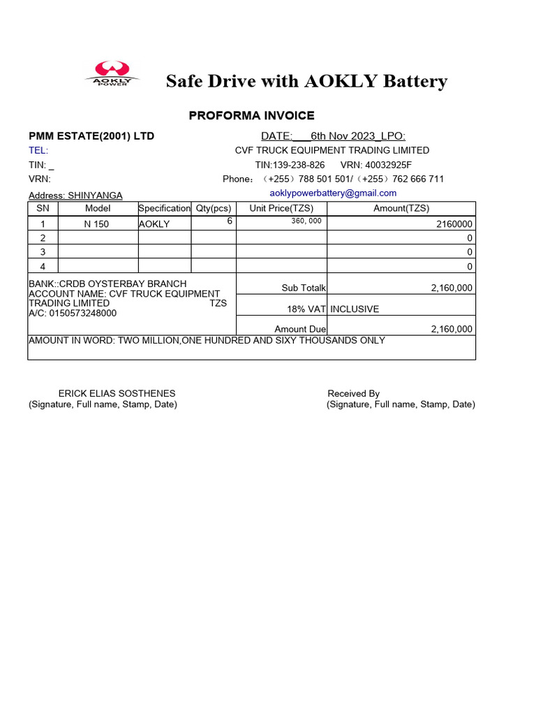 Safe Drive With AOKLY Battery: Proforma Invoice | PDF