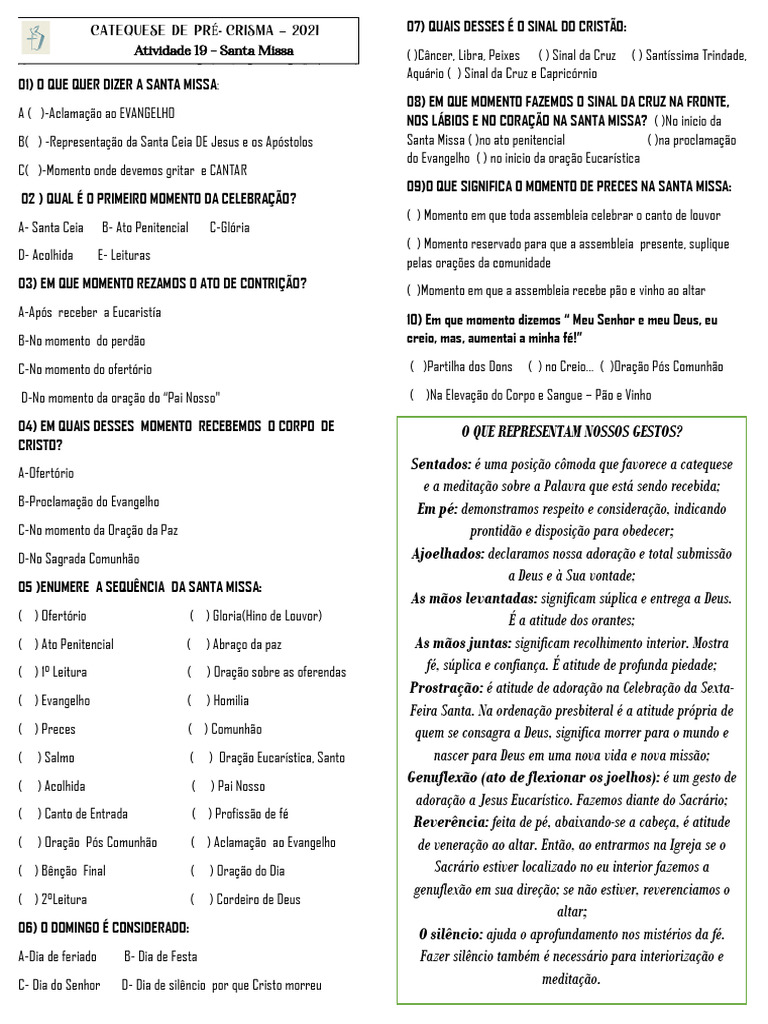 Atividades Sobre A Santa Missa | PDF