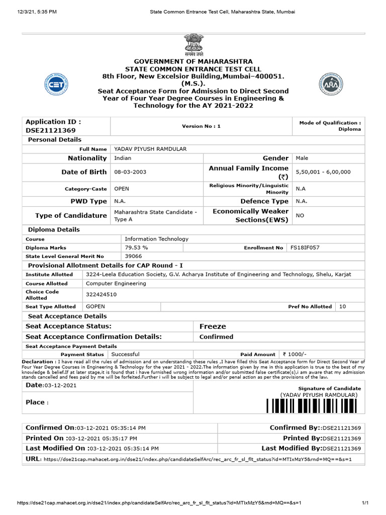 Maharashtra Engineering Seat Confirmation | PDF