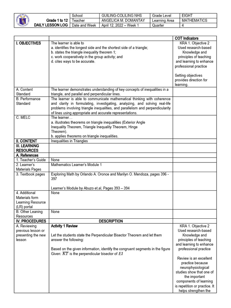 Lesson Plan in Math 8 (Quarter 4) | PDF | Triangle | Learning