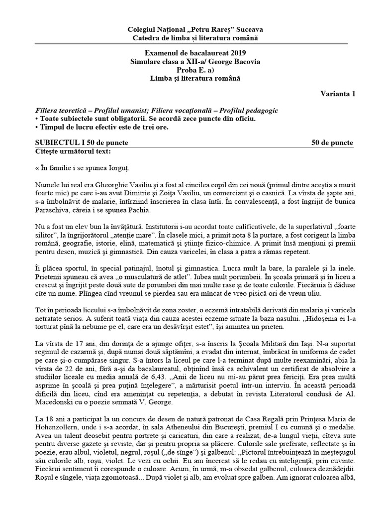 Subiect George Bacovia Profil Umanist | PDF