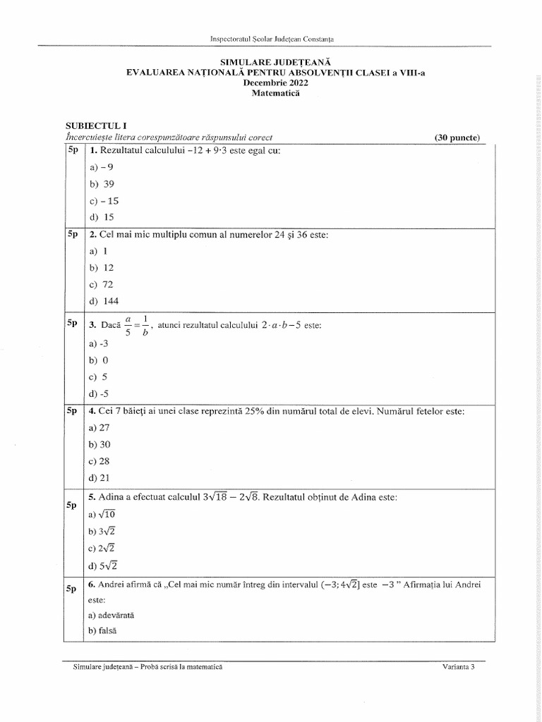 ISJ Constanta - Simulare EN 2023 - Decembrie 2022 - Matematica - Varianta 3 - Subiect | PDF