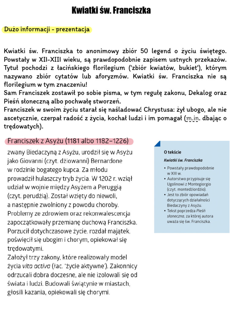 Kwiatki Św. Franciszka - Notatka | PDF