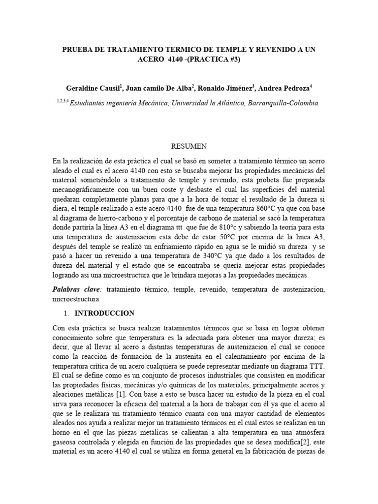 Prueba de Tratamiento Termico de Temple y Revenido A Un Acero 4140 | PDF | Tratamiento a base de ...