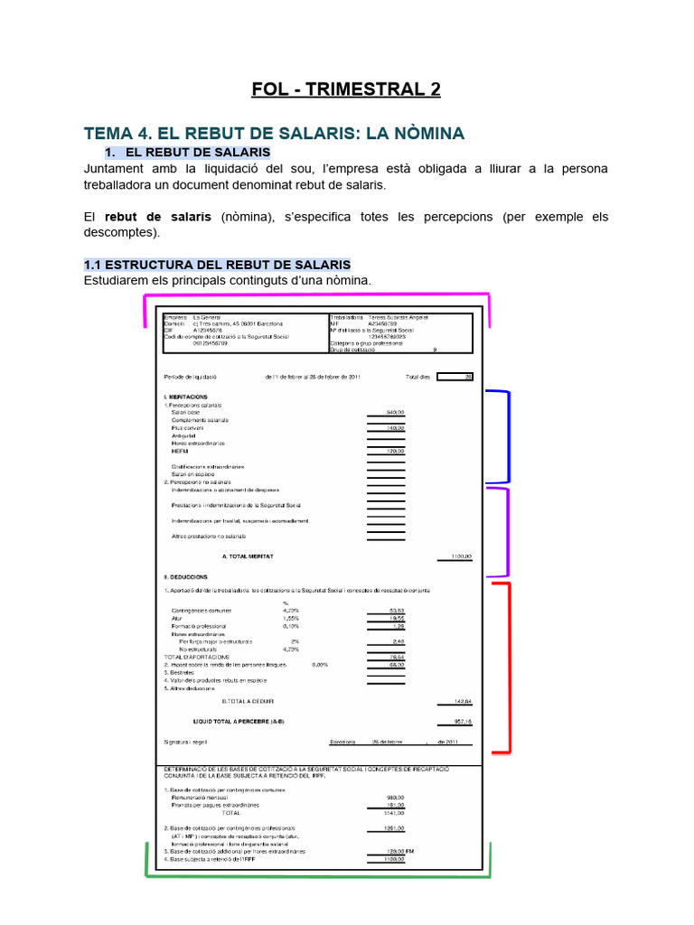 Fol - Trimestral 2: Tema 4. El Rebut de Salaris: La Nòmina | PDF