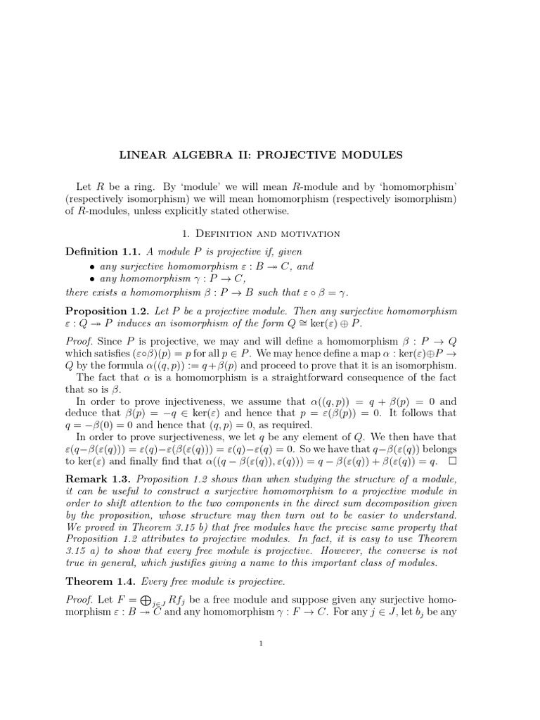 Projectivemoduleslectures | PDF | Module (Mathematics) | Ring Theory
